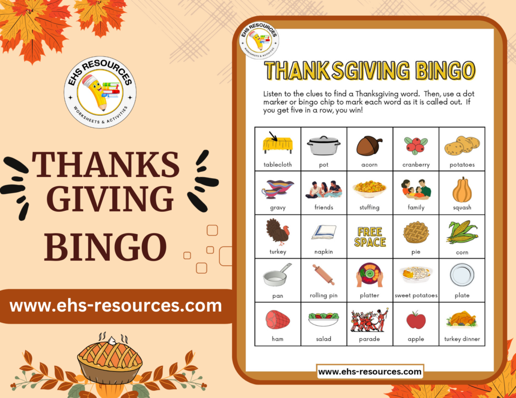 Thanksgiving Bingo Kindergarten Preschool - EHS RESOURCES